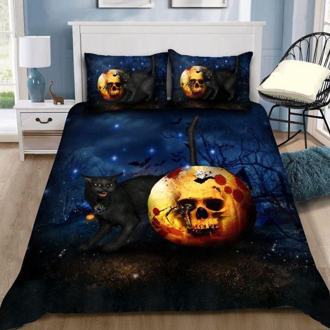 Halloween Skull Black Cat Quilt Bedding Set Galaxy Design Bedroom Halloween Skull Black Cat Quilt Bedding Set Galaxy Design Bedroom
